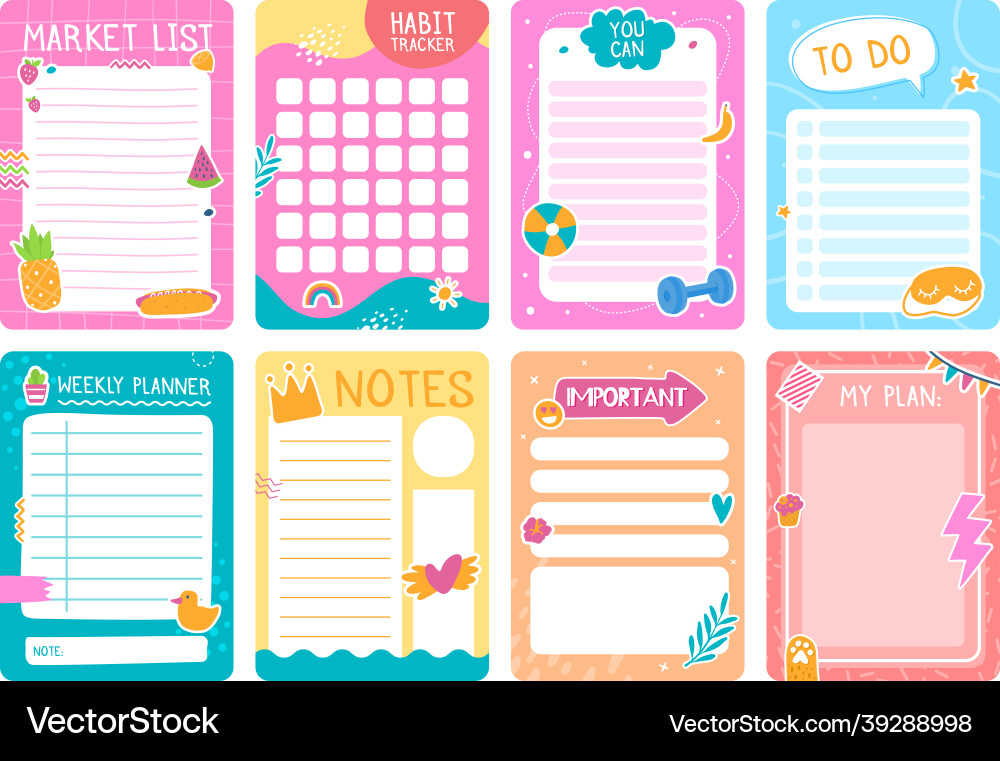 Cute planner pages with stickers notebook Vector Image