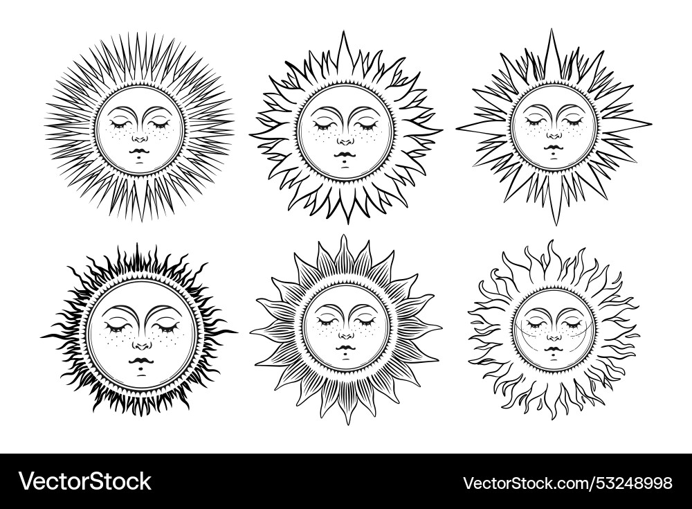 Mythical sun with face mystical icons set line Vector Image