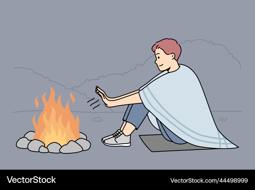 Young man warm hands at fire Royalty Free Vector Image