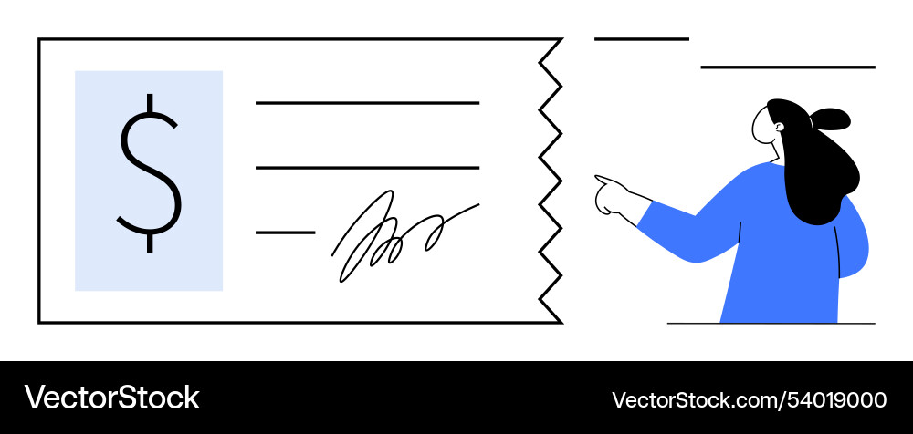 Person pointing at a blank check with hand-drawn Vector Image