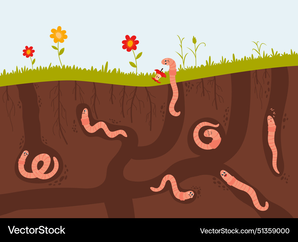 Worms creeps under ground cartoon worm funny Vector Image