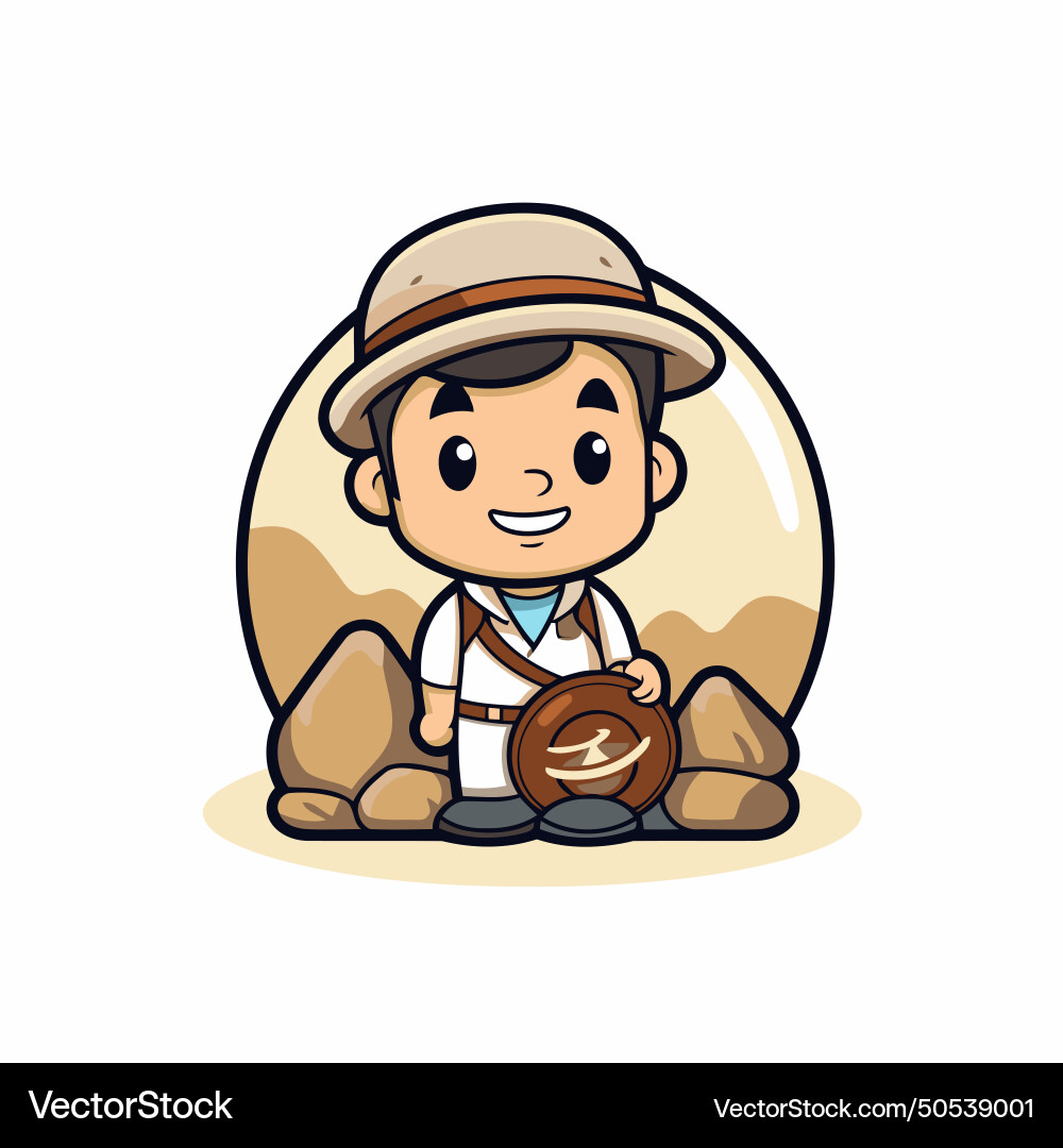 Cute cartoon explorer sitting on the rocks Vector Image