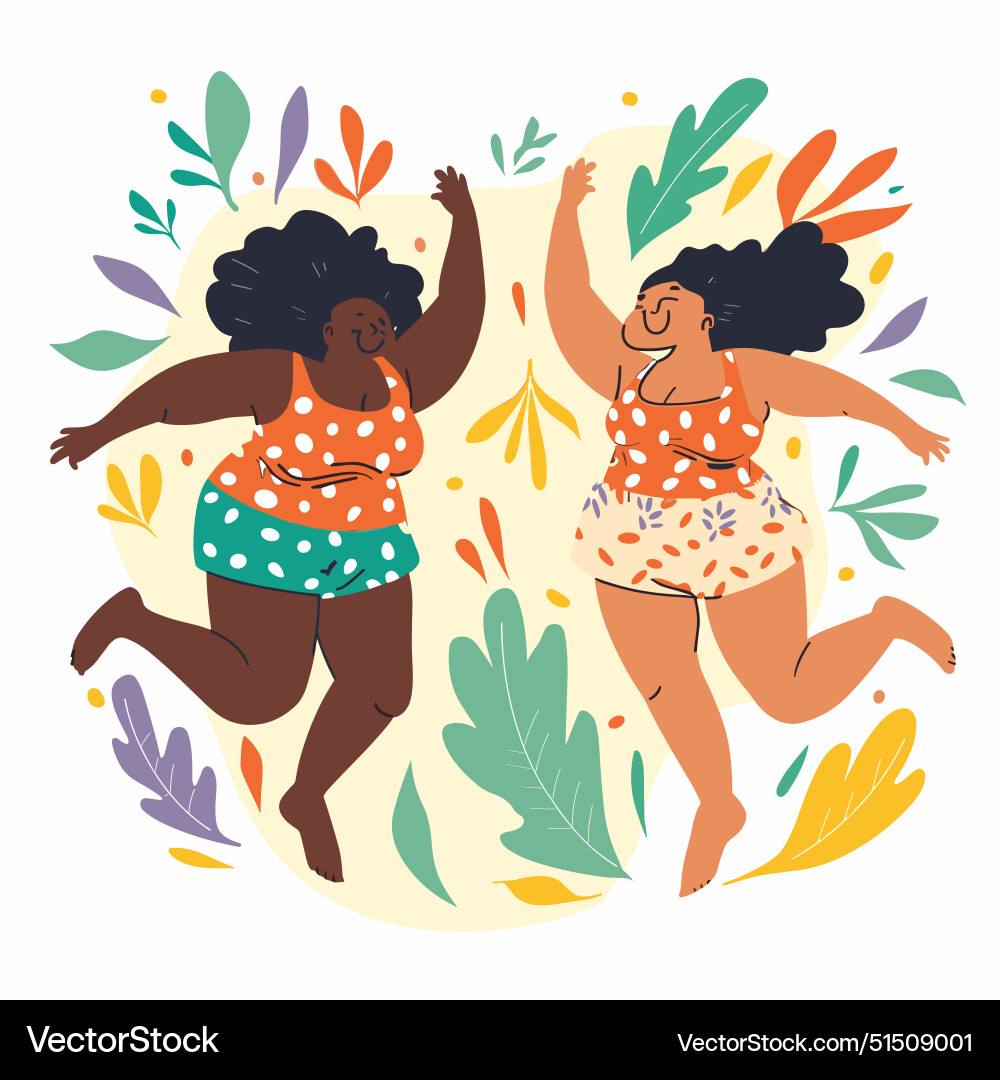 Two cheerful women dancing joyfully amongst Vector Image