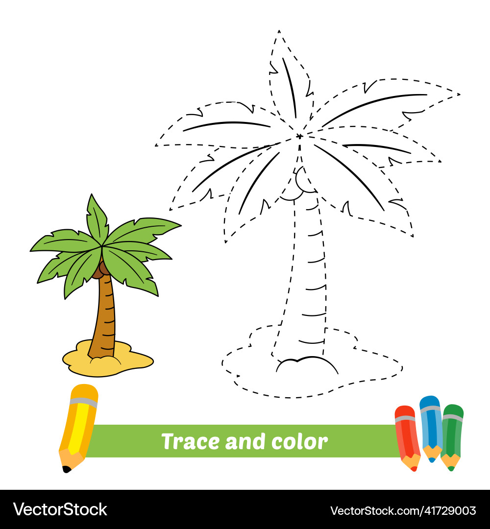 Trace and color for kids palm tree Royalty Free Vector Image