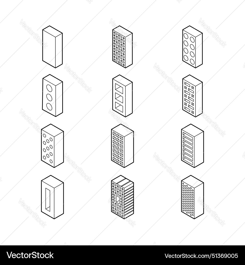 Brick isometric icons in outline style Royalty Free Vector