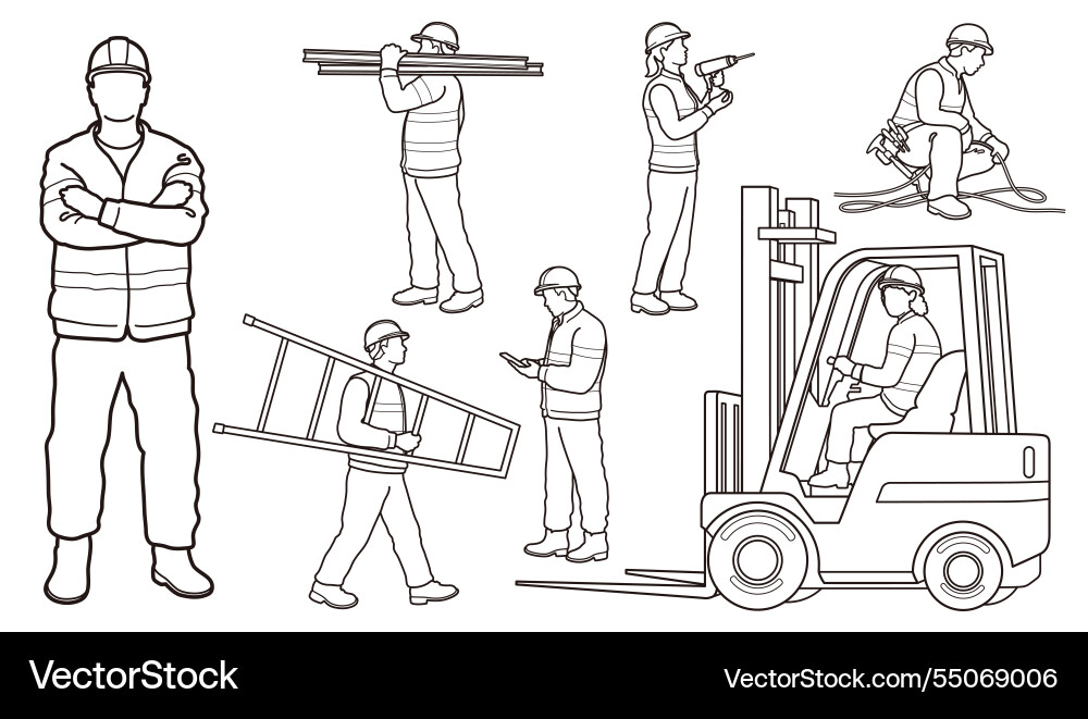 Construction Worker Line Art Set Royalty Free Vector Image