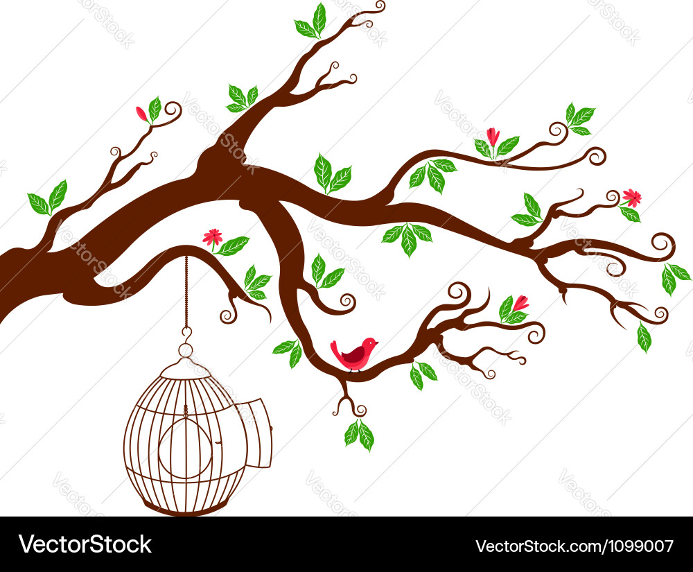 Tree branch with bird cage and beautiful birds Vector Image
