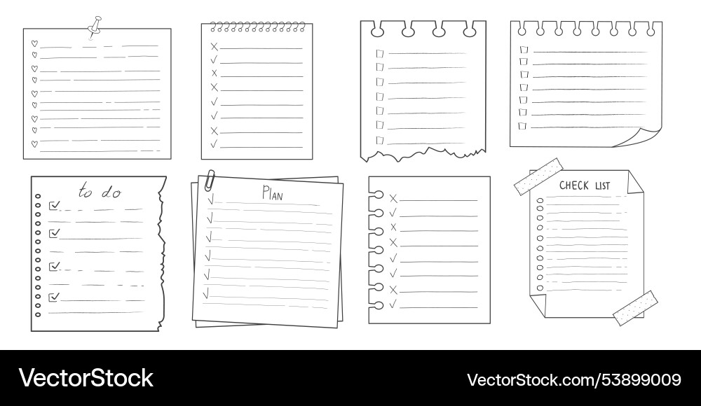 Set zu tun Liste Seite doodle leer Erinnerung Vektorbild
