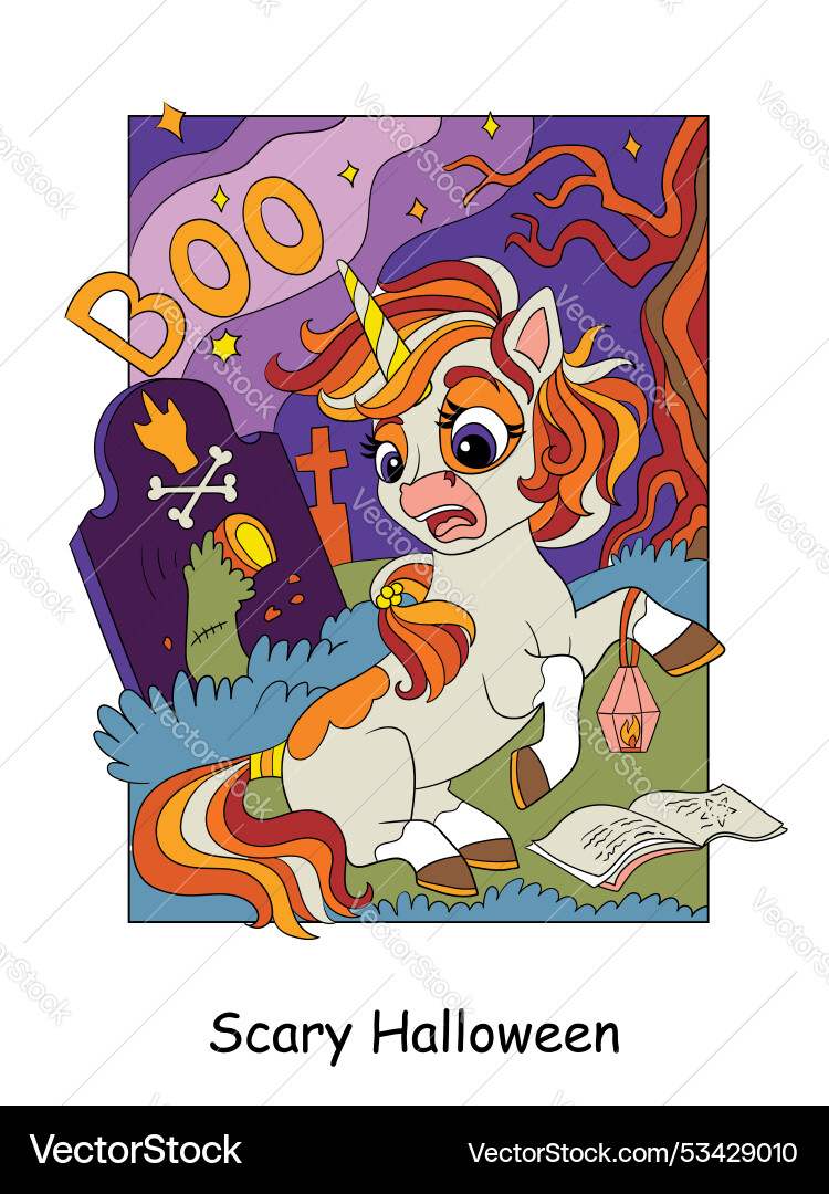 Halloween postcard scared unicorn and lettering Vector Image