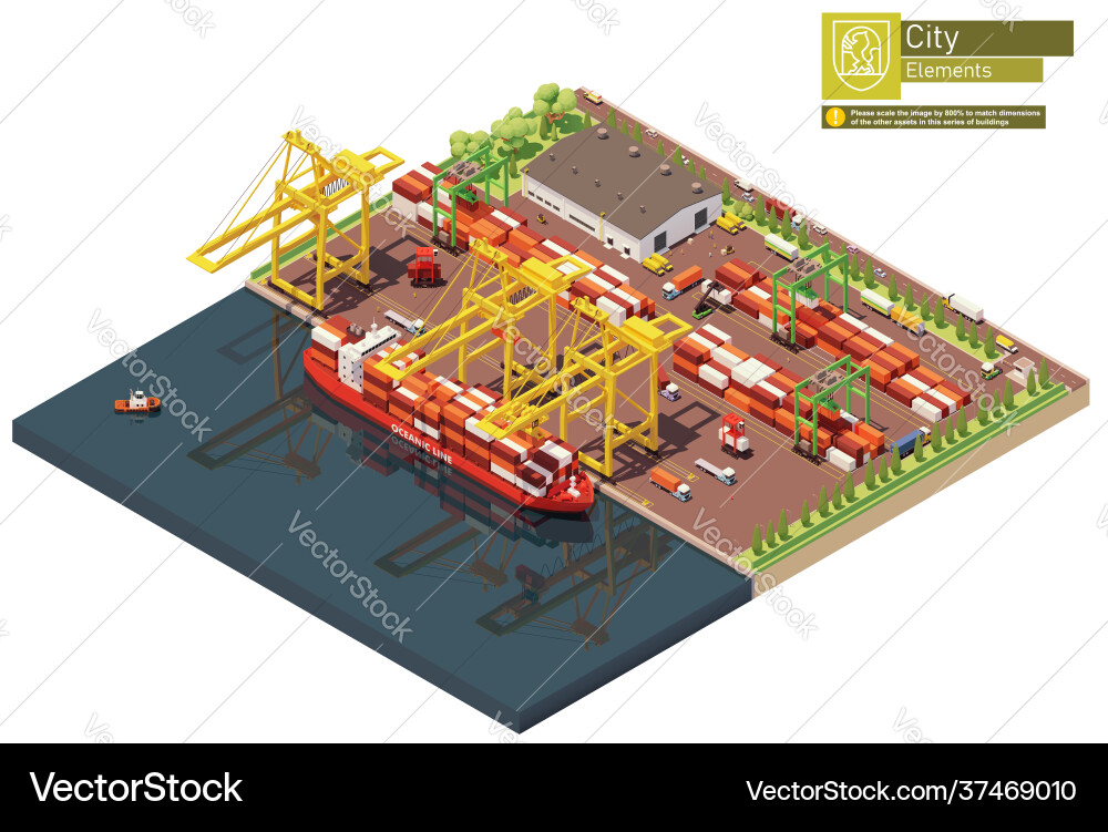 Low poly port container terminal and ship Vector Image