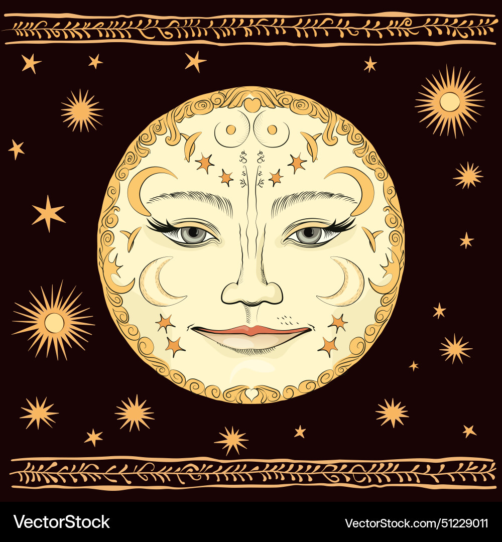 Mystical Celestial Moon And Stars On Dark Vector Image