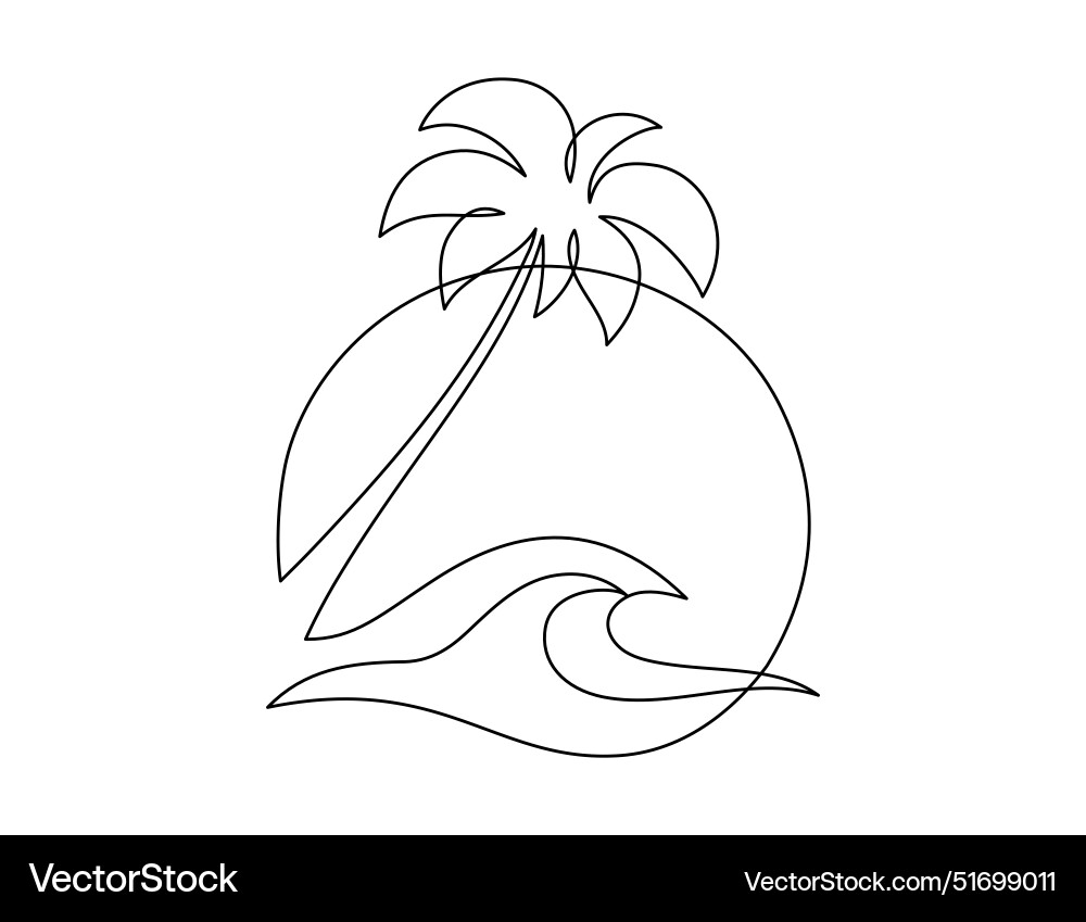 One continuous line drawing of sea wave with palm Vector Image