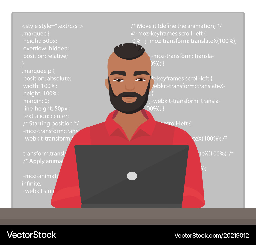 Stylish black man programmer sitting Royalty Free Vector