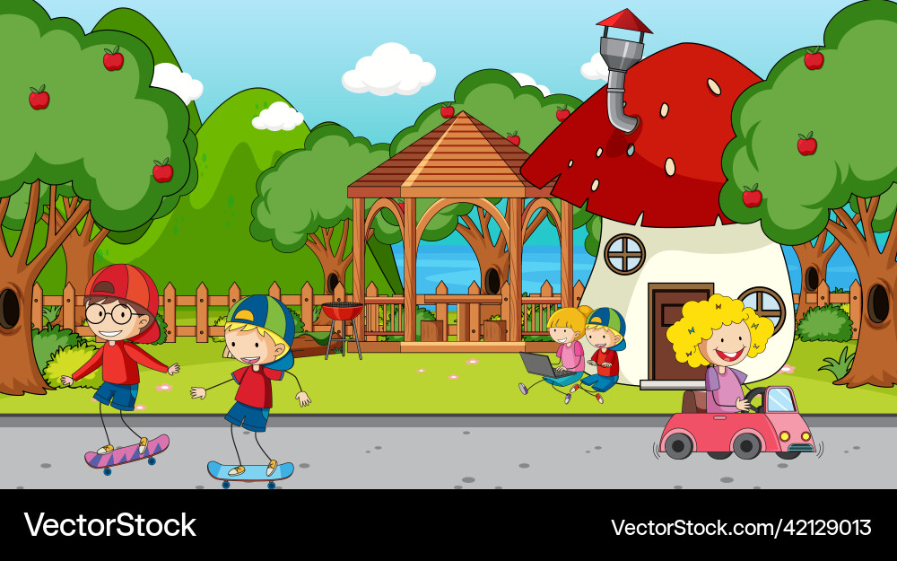 A simple house with kids in nature background Vector Image