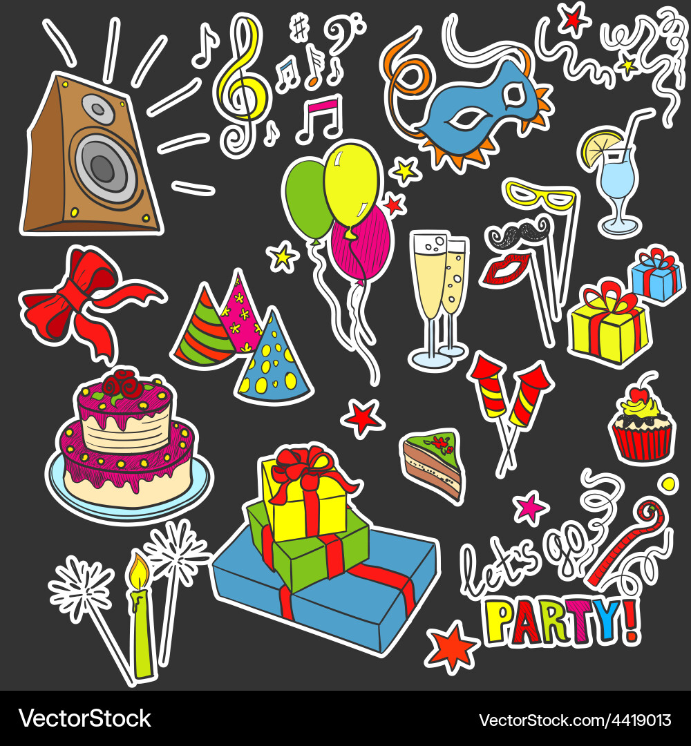 Colored sketch party objects hand-drawn Royalty Free Vector