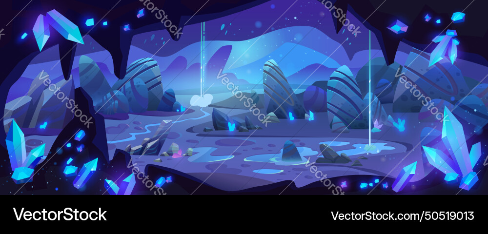 Dark cave with blue crystals Royalty Free Vector Image