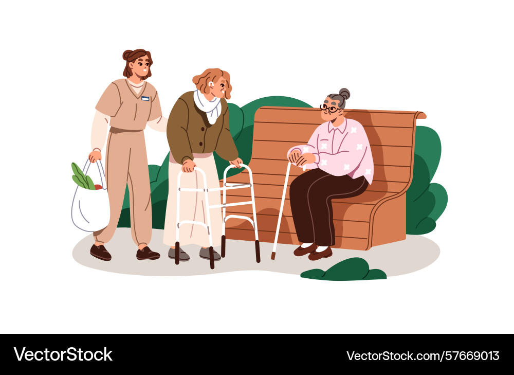 Nurse helps granny with walker walk to bench Vector Image