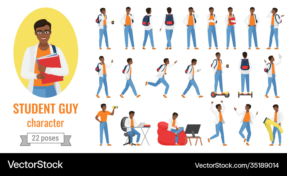 Student guy poses set cartoon young male Vector Image