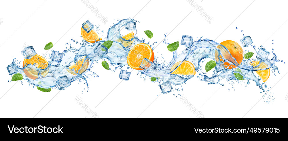 Realistic water splash with orange fruit leaves Vector Image