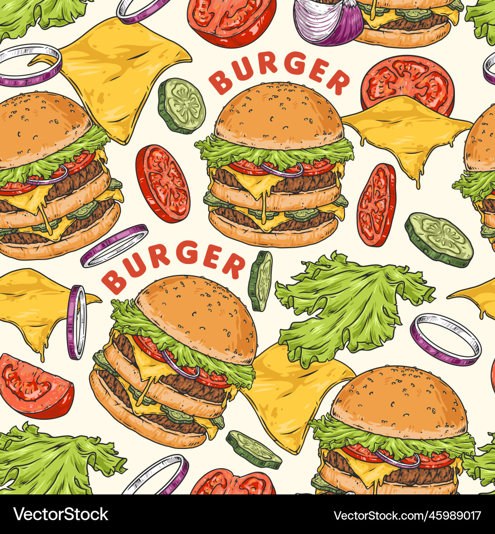 Burger ingredients pattern seamless colorful Vector Image