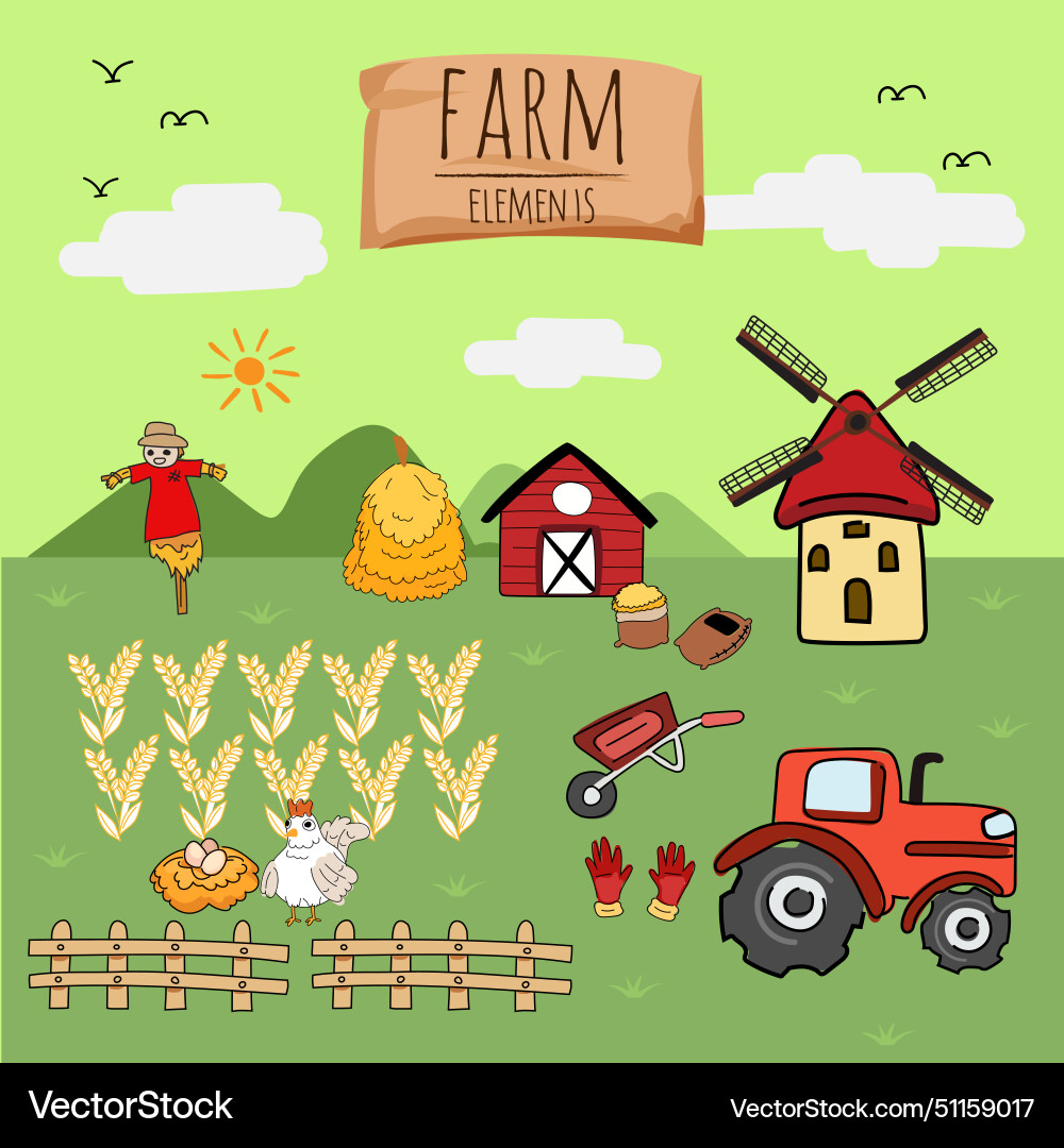 Hand drawn doodle set of farm elements Royalty Free Vector
