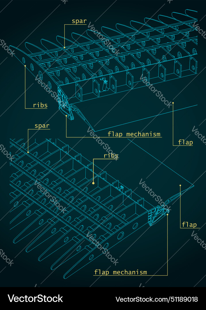Aircraft wing structure and flaps systems drawings