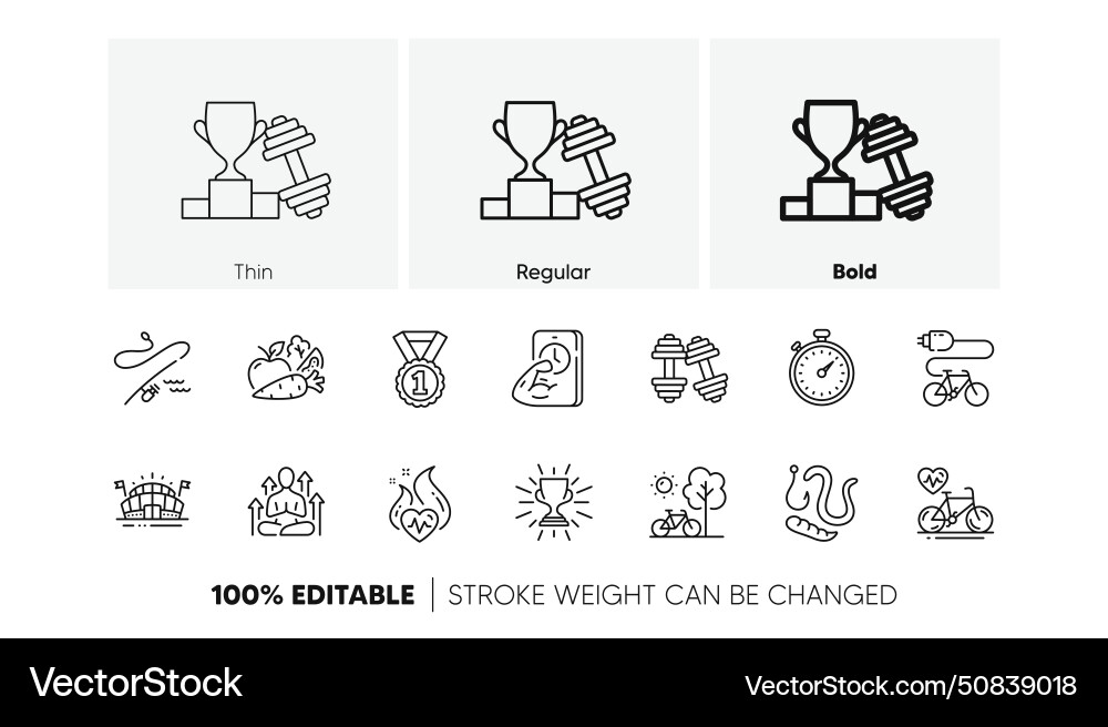 Dumbbells vegetables and trophy line icons Vector Image