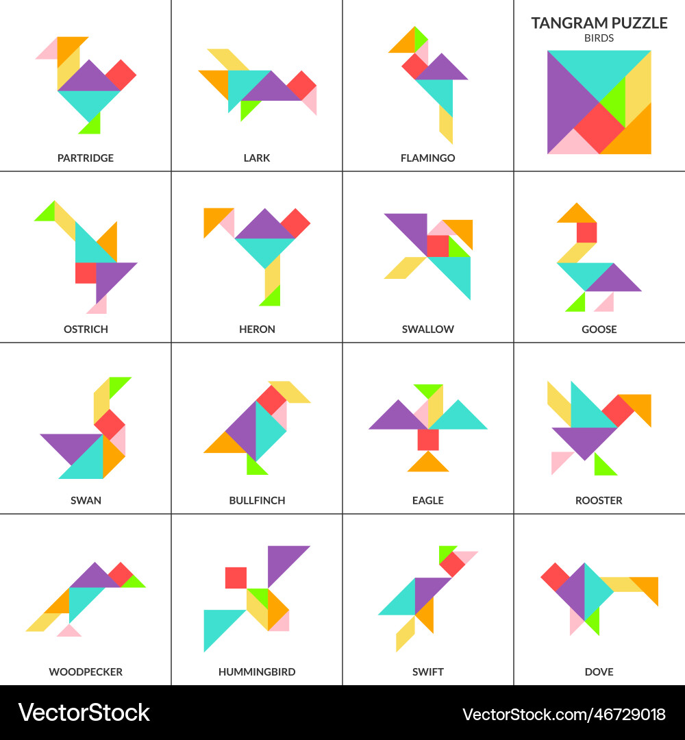 Tangram puzzle game set with various birds Vector Image