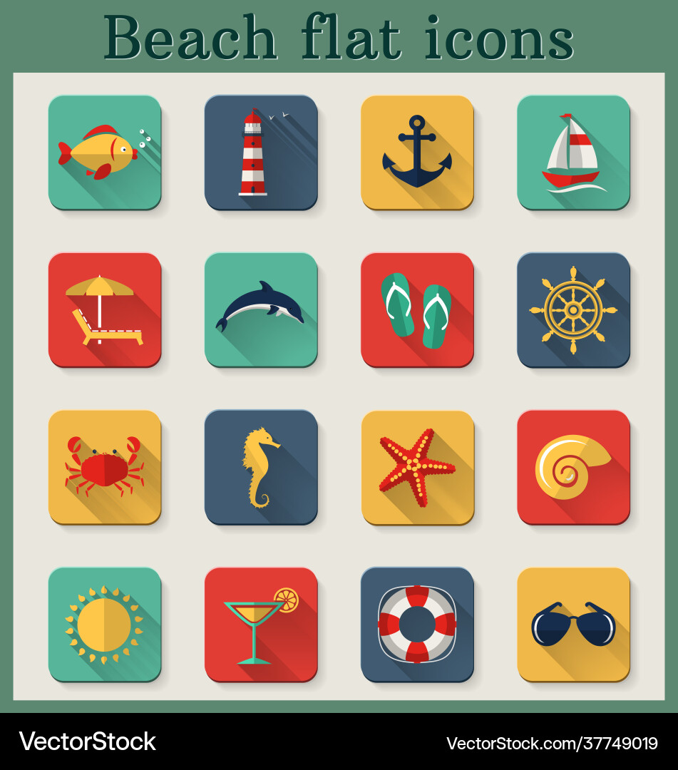 Beach flat icons set Royalty Free Vector Image