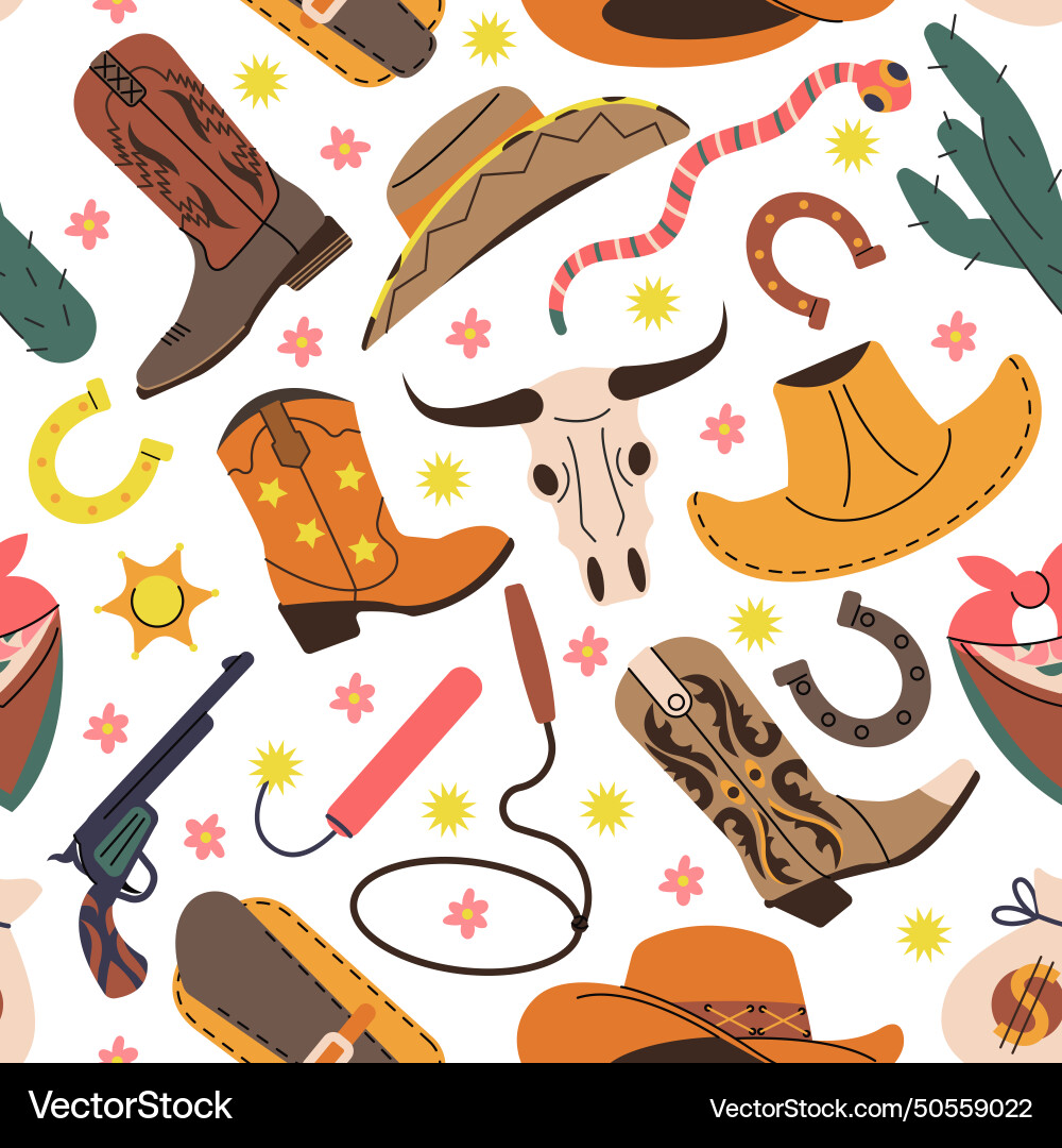 Stylish cowboy seamless pattern horseshoe boots Vector Image