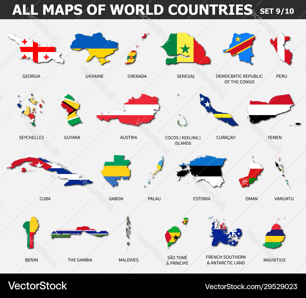 All maps world countries and flags set 9 Vector Image