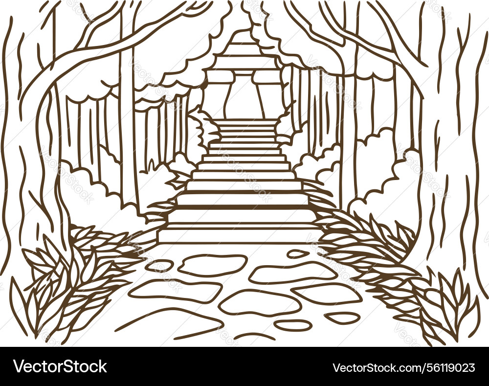 Serene pathway in forest with stairs leading Vector Image