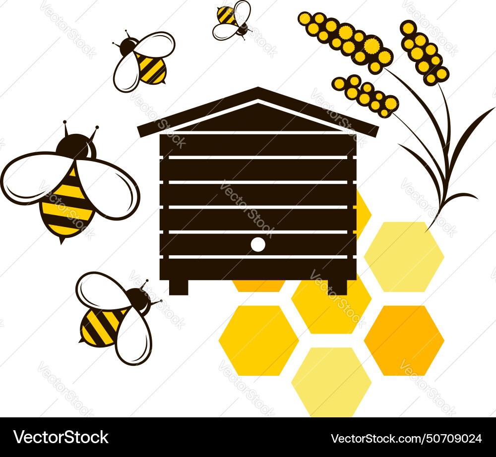 Beehive with bee honeycomb and flowers Royalty Free Vector