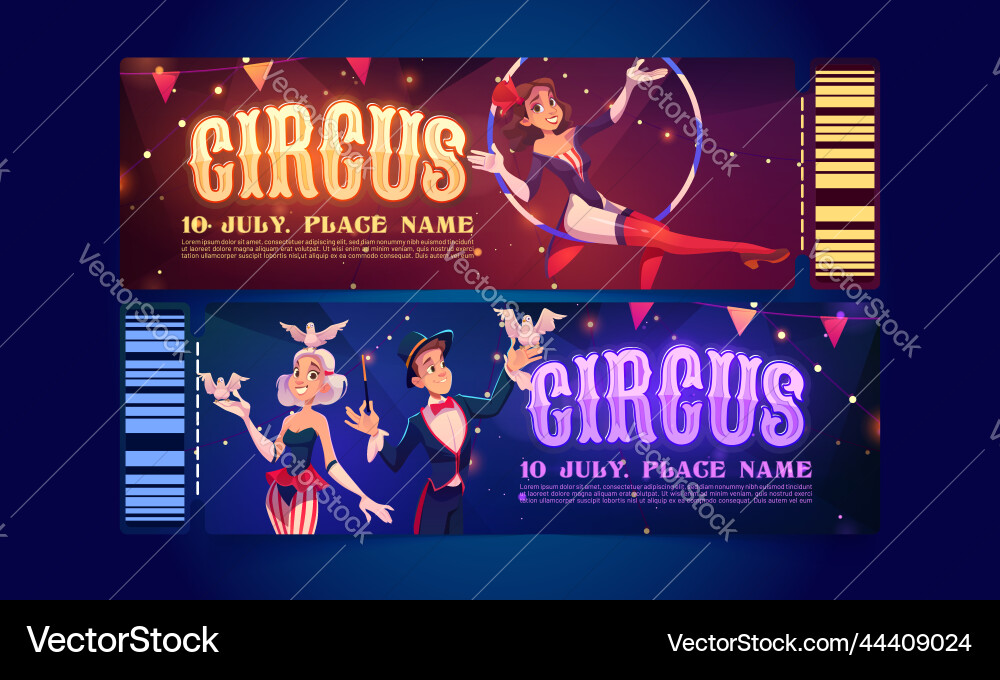 Circus tickets cartoon invitation for magic show Vector Image