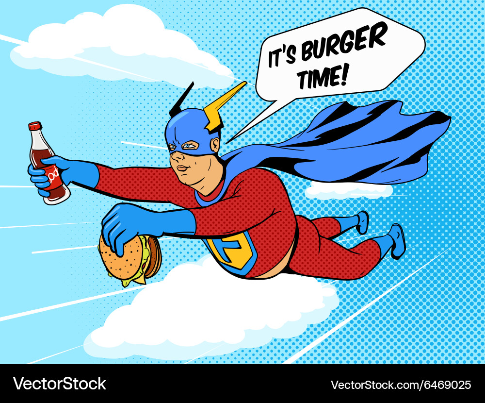 Superhero fat man and burger comic book Royalty Free Vector