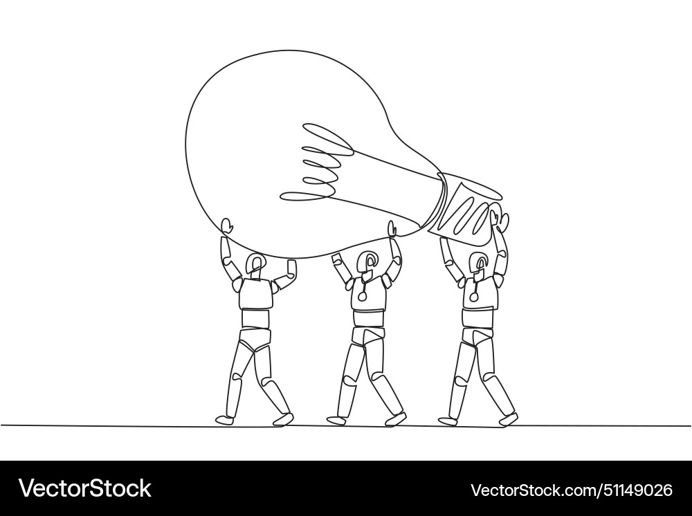 Single one line drawing a group of robots work Vector Image