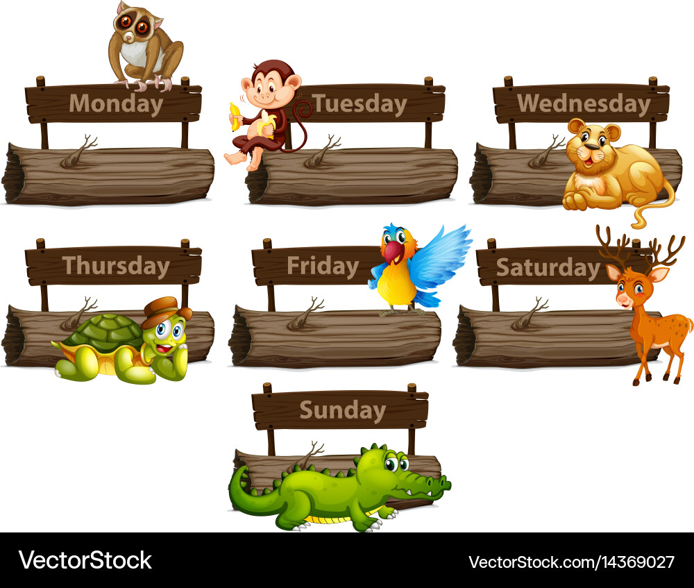 Days of the week with many animals Royalty Free Vector Image