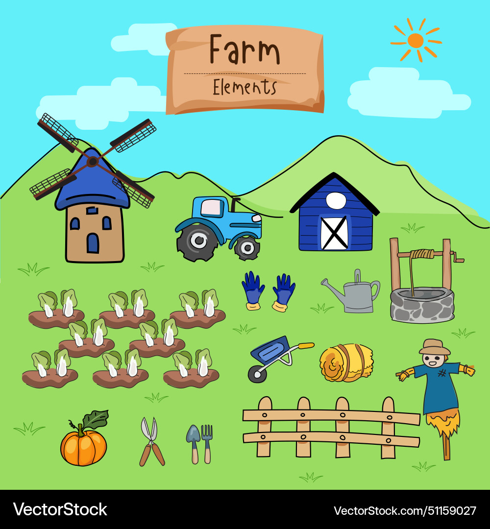 Hand drawn doodle set of farm elements Royalty Free Vector