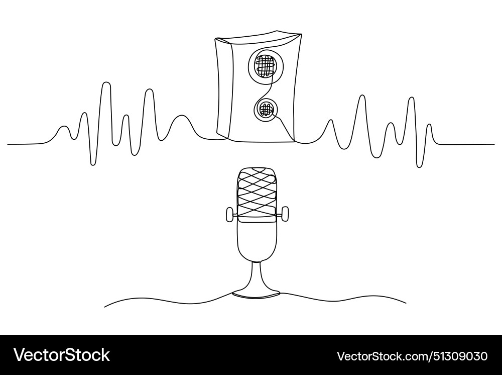 One line mic and music column outline continuous Vector Image