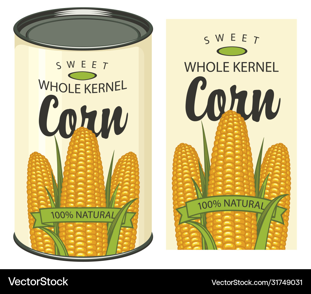 Sweet corn label and tin can Royalty Free Vector Image
