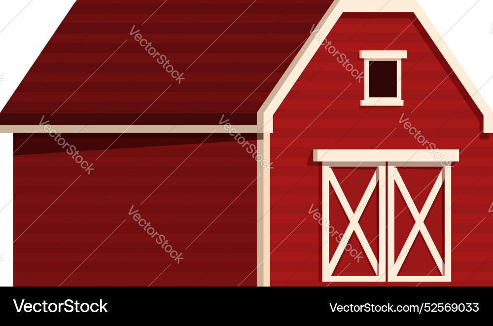 Classic red wooden barn building standing on white