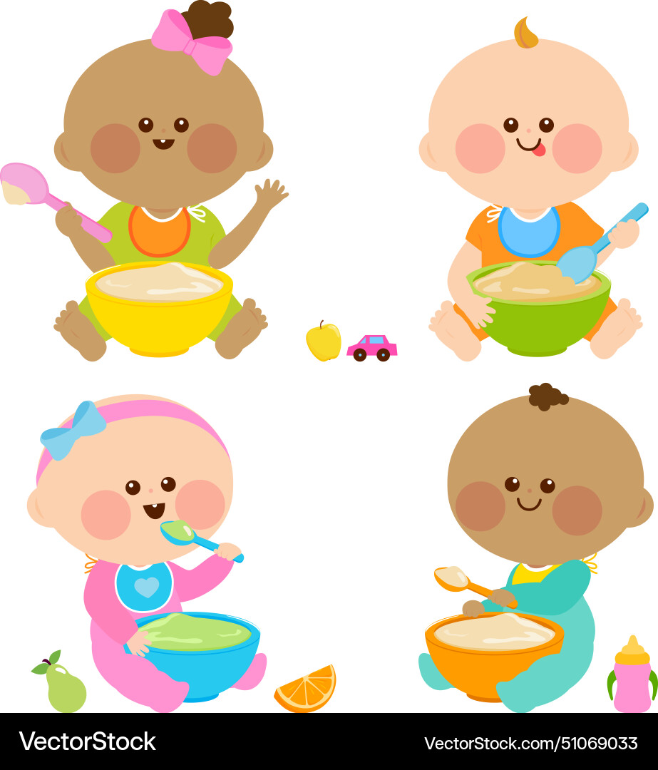 Diverse group of babies eating baby food Vector Image