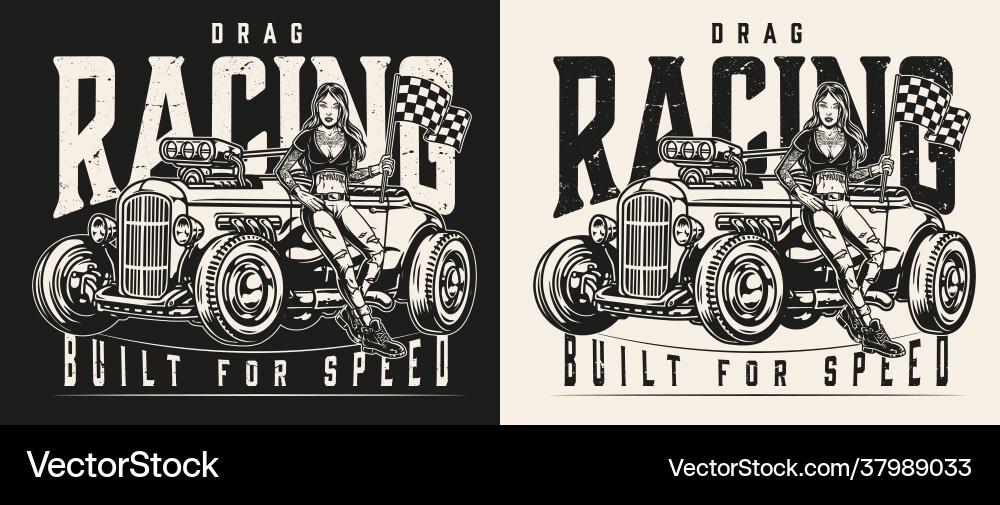 Drag racing vintage monochrome label Royalty Free Vector