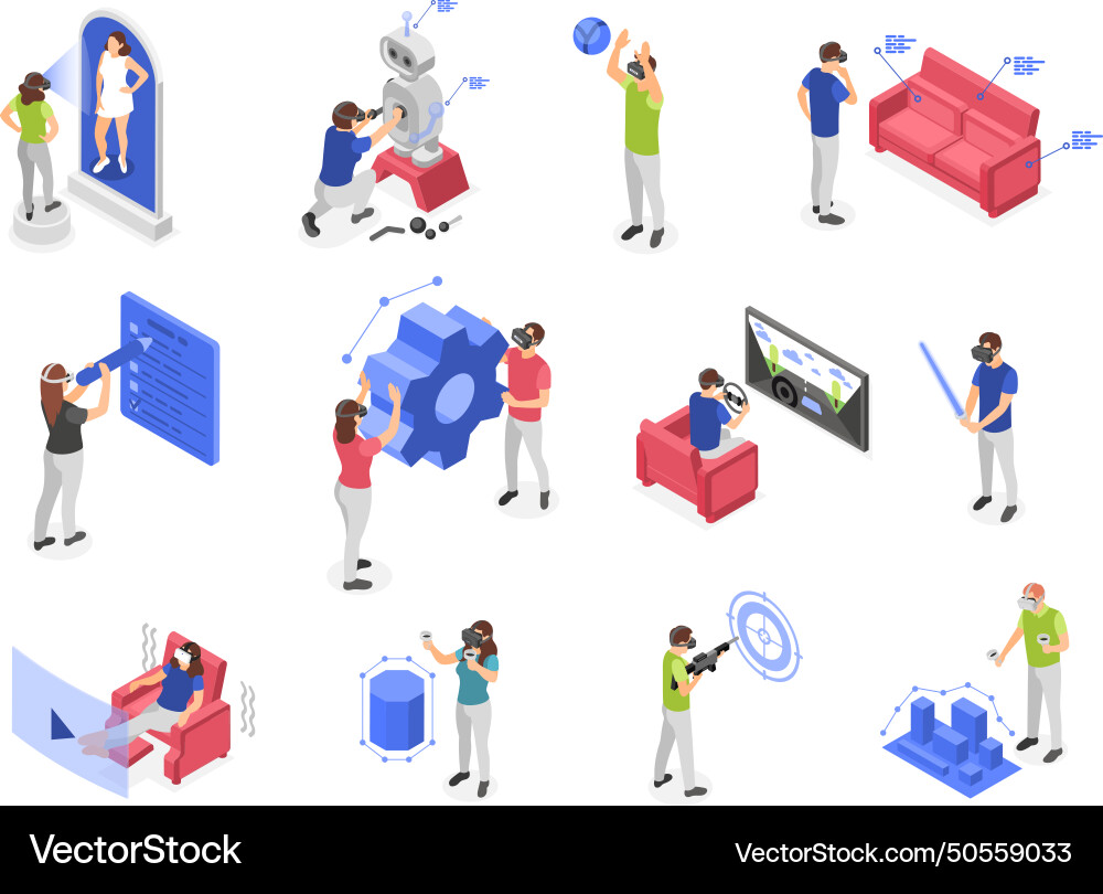Isometric virtual reality technology people using Vector Image