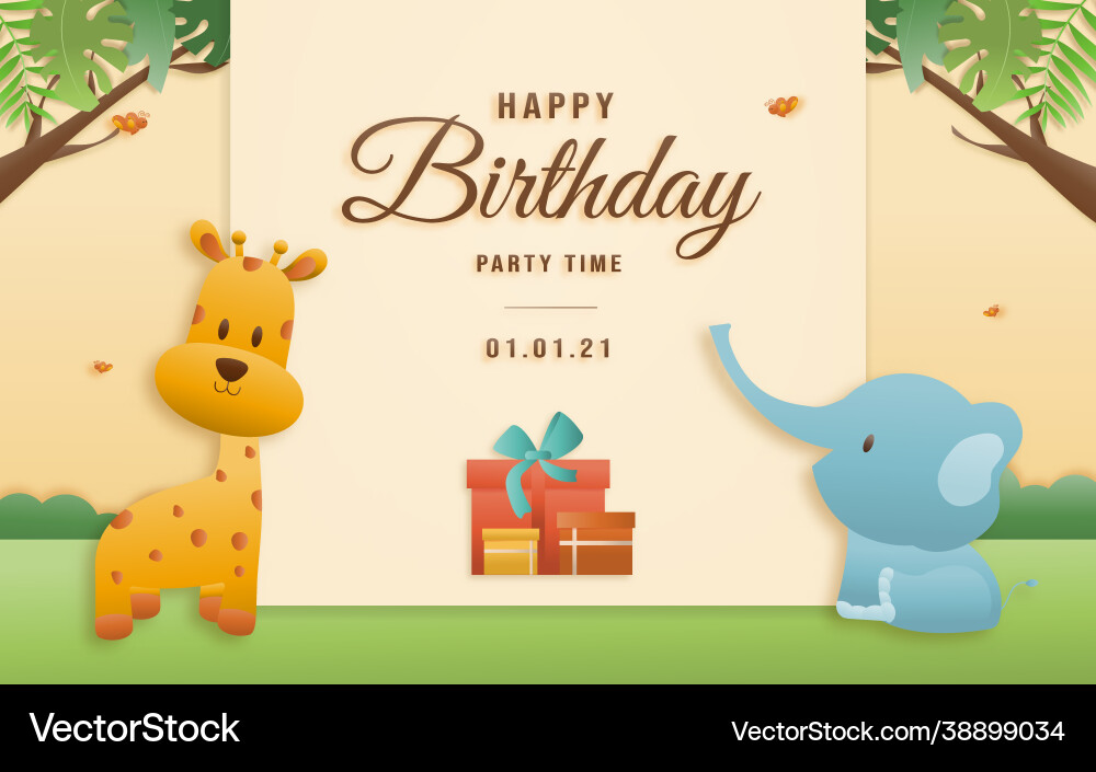 Jungle animals cute train birthday greeting card Vector Image