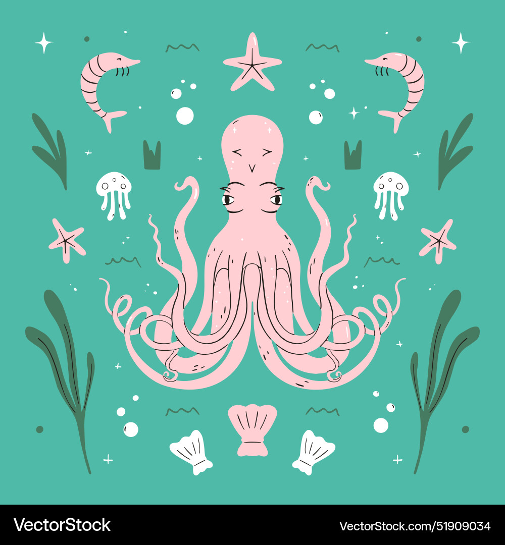 Octopus flat with creatures Royalty Free Vector Image