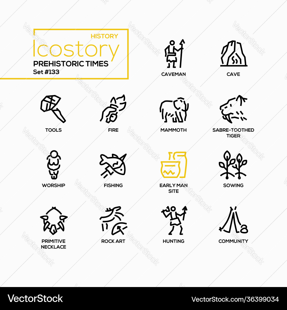 Prehistoric times - line design style icons set Vector Image