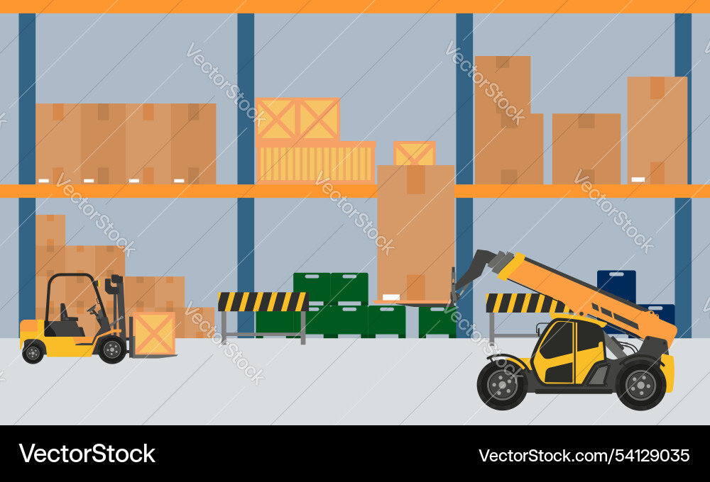 Warehouse interior with cardboard and forklift Vector Image