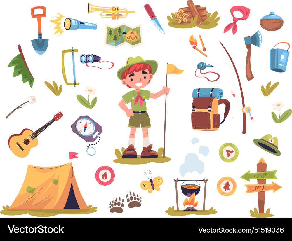 Boy scout equipment cartoon boyscout backpacking Vector Image