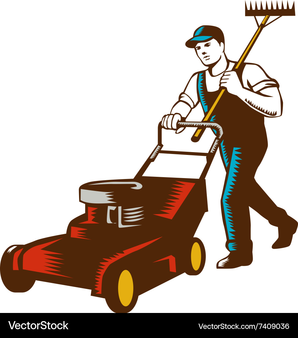 Gardener lawn mower rake woodcut Royalty Free Vector Image